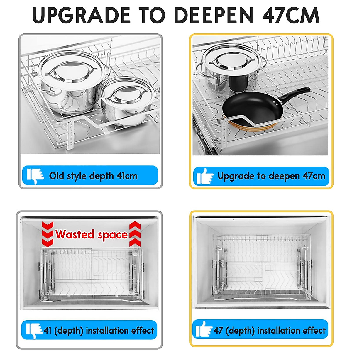 Stainless Steel Pull Out Cabinet Drawers Pantry Pull Out Basket Cabinet Organizer for Home, Kitchen, Bathroom Deepen 2-Tier Metal Sliding Baskets w/Soft-Close Pull Out Storage for Pots and Cans