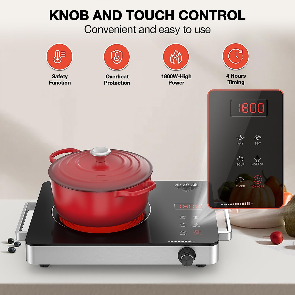 Electric Cooktop, Portable Single Burner Stove With Plug, 1800W Hot Plate Countertop, Child Safety Lock, Timer, 110V Infrared Burner, Touch and Knob Control