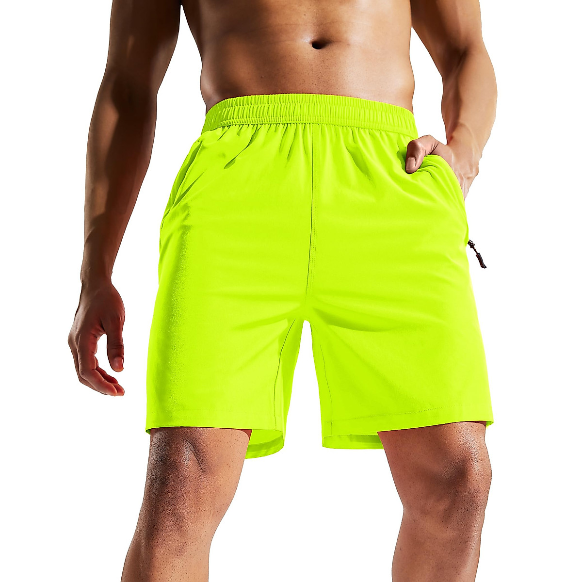 MIER Men's Athletic Shorts Workout Running Quick Dry Lightweight Gym Shorts with Zip Pockets 7" Inseam, Neon Green, Medium