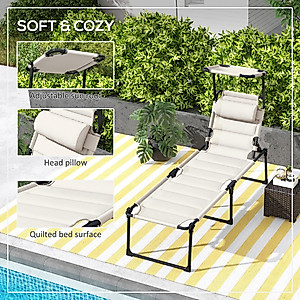 Outsunny Outdoor Lounge Chair, Adjustable Backrest Folding Chaise Lounge, Cushioned Tanning Chair with Sunshade Roof & Pillow Headrest for Beach, Camping, Hiking, Cream White