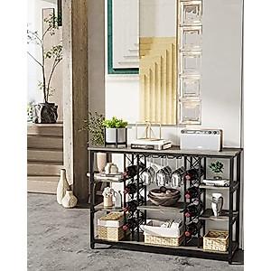 Teraves Modern Wine Rack Table, 47 Inch Wine Baker's Rack with Storage Shelves, 4 Tier Freestanding Wine Rack for Bar, Buffet, Home Kitchen Dining Room Living Room (Black Oak+Black Frame)