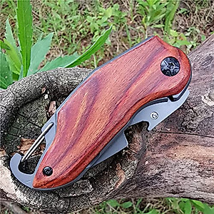 Folding Pocket Knife Wood Handle 7Cr13Mov Steel Blade Pocket Hunting Knife Outdoor Camping Multi-tool Survival Knife EDC for Men Women's Gift