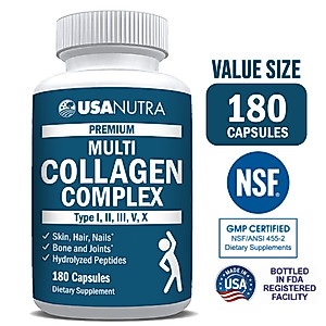 USANUTRA Collagen Peptide Protein Pills for Women and Men Type I, II, III, V, X Multi Collagen 180 Capsules Non-GMO with Bovine and Marine Collagen
