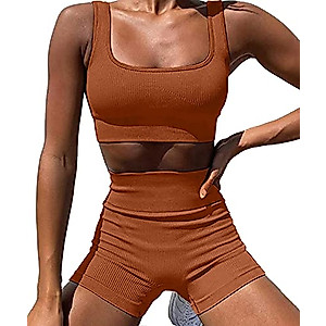 Women's Seamless Ribbed Crop Tank and Tummy Control Biker Shorts Jumpsuit Romper Set 2 Piece Workout Outfit Coffee L