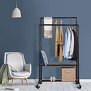 GREENSTELL Heavy Duty 2 Shelf Rolling Clothes Rack Industrial Pipe Style Garment Rack + Z-Base Garment Rack, Industrial Pipe Style, Used for Indoor/Outdoor, Living room, Balcony, Shopping Mall