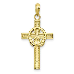 Solid 10k Yellow Gold Celtic Irish Claddagh Cross Pendant Charm