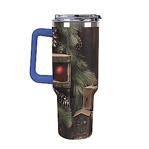 40 Oz Vacuum Tumbler with Deep Blue Handle Leakproof Insulated Tumbler Xmas Tree Branch Bear Doll Stainless Steel Travel Mug with Lid And Straw Coffee Cup Cute Water Bottles Cup Holder Friendly