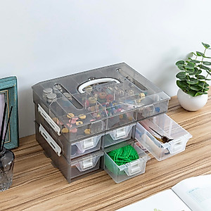 MyGift 11 Inch Smoke Gray Transparent Arts and Crafts Sewing Supplies Storage Organizer Case with White Accents, 24 Customizable Compartments, and 6 Drawers with Removable Dividers