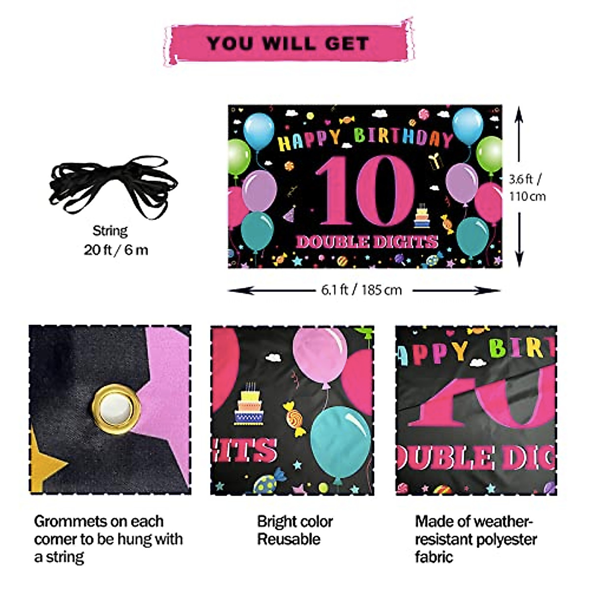 HTDZZI 10th Birthday Decorations for Girl, Happy 10th Birthday Backdrop Banner, Double Digits 10 Year Old Birthday Party Yard Sign Photo Booth Props Poster Decor Supplies, Fabric, 6.1ft x 3.6ft