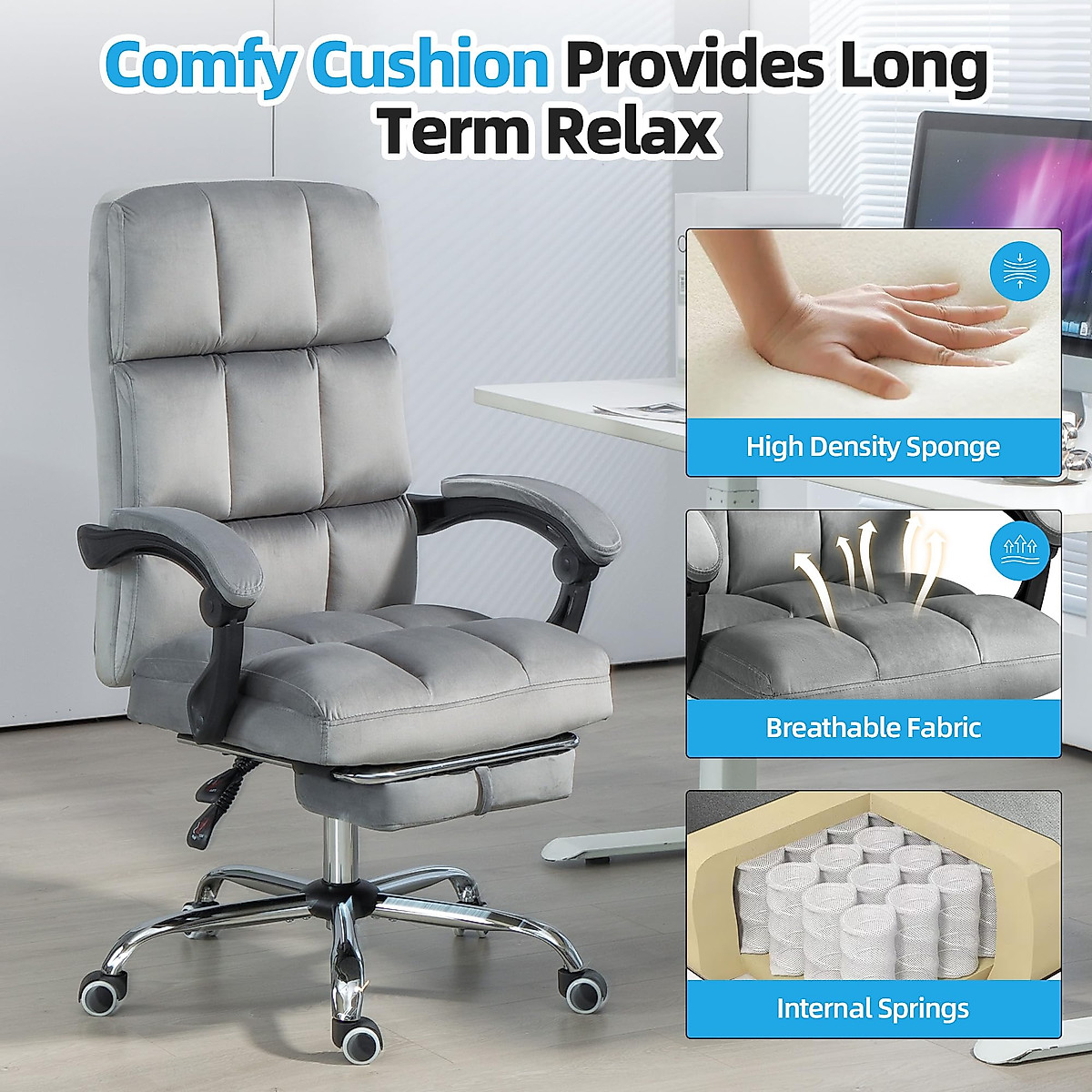 Velvet Ergonomic Office Chair with Footrest - Comfortable High Back Reclining Computer Chair for Home Office (Grey)