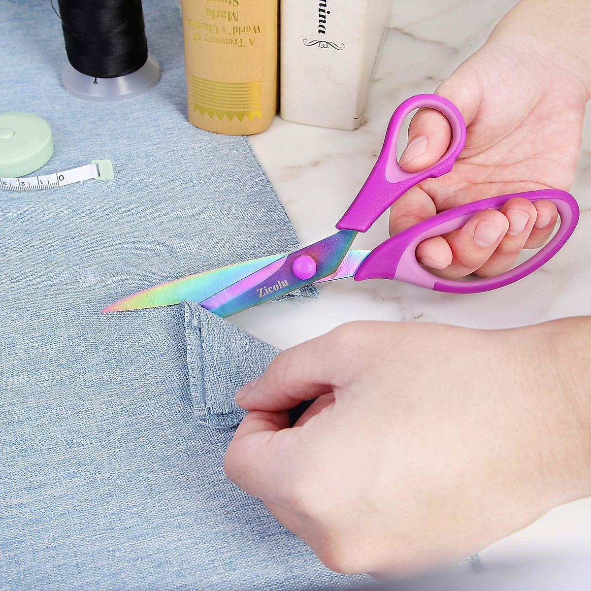 8.5" Scissors All Purpose, Multipurpose Office Scissors Set of 3 pack, sharp Titanium Coating Blade and Soft Comfort-Grip Sturdy Scissors for Fabric School Craft Sewing Home, Right/Left Handed, Purple