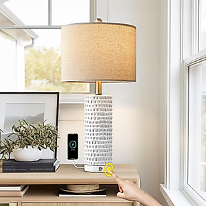 PORTRES 24" Farmhouse 3-Way Dimmable Touch Ceramic Table Lamp Set of 2 for Bedroom White Bedside Lamps with USB A+C Charging Ports for Living Room Nightstand Lamp End Table Lamps