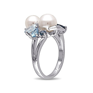 White Freshwater Cultured Pearl with London, Swiss and Sky Blue Topaz and Created White Sapphire Ring In Sterling Silver