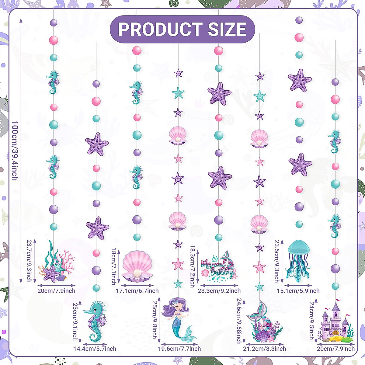Cindeer 8 Pcs Mermaid Birthday Party Decorations Under The Sea Paper Garland Jellyfish Starfish Hippocampus Ocean Castle Hanging Banner Decor for Girls Mermaid Baby Shower Party Supplies