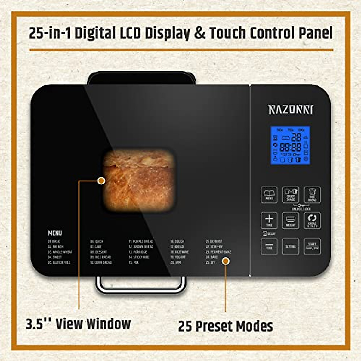 Razorri Bread Maker Machine Stainless Steel UL Certified, 25-in-1 with Nonstick Bread Pan, Homemade DIY 2Lbs Breadmaker, Gluten-Free Setting, LED Display, 15H Delayed-start & 1H Keep Warm, 3 Crust Colors and 3 Loaf Sizes