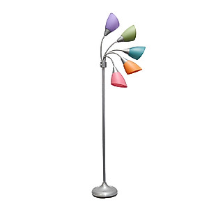 Simple Designs LF2006-SLM 67" Contemporary Multi Head Medusa 5 Light Adjustable Gooseneck Silver Floor Lamp with Fun Light Multicolored Shades for Kids Bedroom Playroom Living Room Office