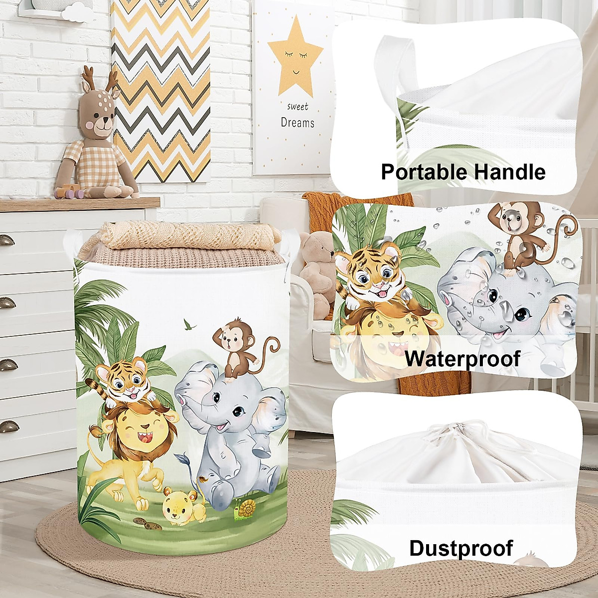 Clastyle 63L Large Rainforest Animals Kid Laundry Hamper with Handle Boy Girl Bedroom Bathroom Nursery Clothes Toy Storage Basket with Lid