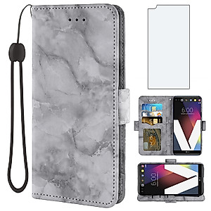 Asuwish Compatible with LG V20 Case and Tempered Glass Screen Protector Cell Accessories Card Holder Slot Kickstand Protective Hybrid Flip Folio Marble Wallet Phone Covers for LGV20 LG20 V 20 Black