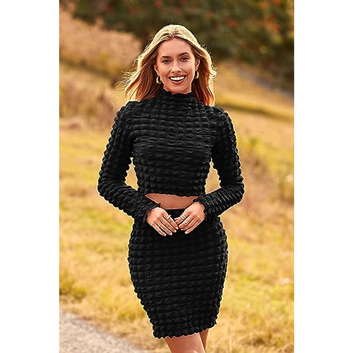 PRETTYGARDEN Women's 2024 Fall 2 Piece Outfits Mock Neck Crop Tops and Bodycon Mini Skirt Dress Sets (Black,Large)