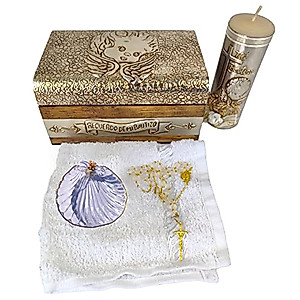 Baptism Candle Set for Boys and Girls in Premium Decoration Box with Towel, Rosary and Shell Included - Velas para bautizo Recuerdos de bautizo - Baptism kit Catholic with Candle for boy Favors