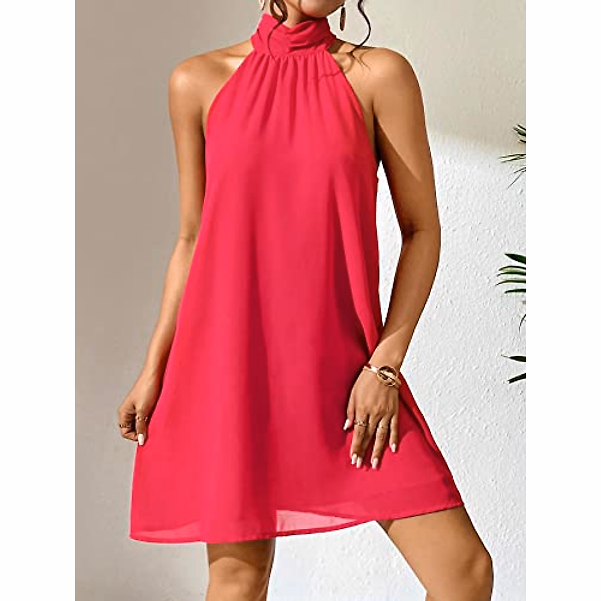 Floerns Women's Summer Floral Print Sleeveless Halter Neck Beach Party Dress Watermelon Pink Solid XS