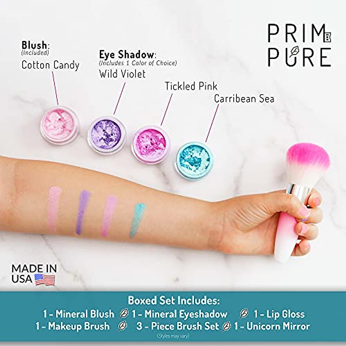 Prim and Pure Mineral Gift Set with Unicorn Mirror| Perfect for Play Dates & Birthday Parties | Kids Eyeshadow Makeup – Mineral Blush | Organic & Natural Makeup Kit for Kids| Made in USA (Pink)