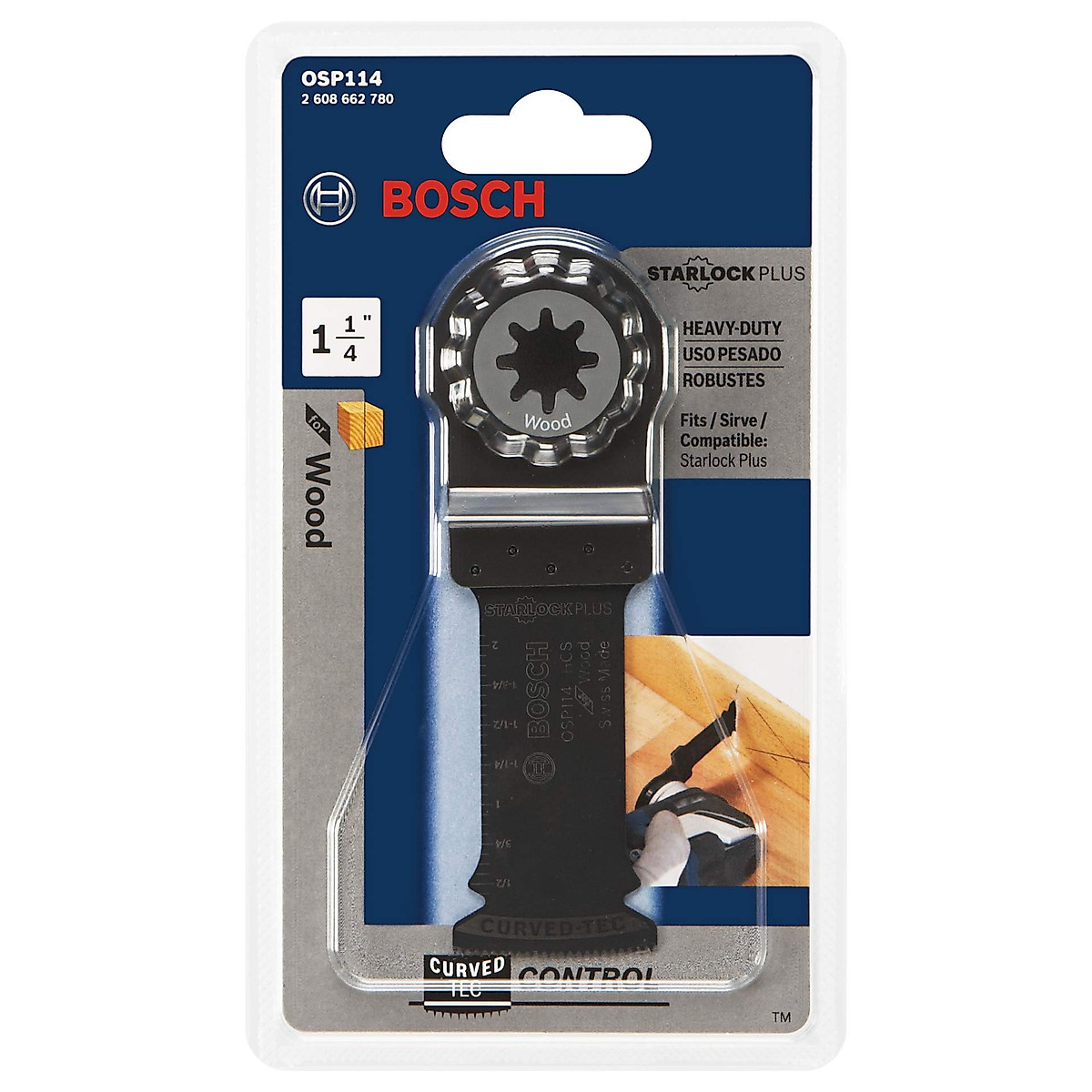 BOSCH OSP114 1-Piece 1-1/4 In. StarlockPlus Oscillating Multi Tool Wood Curved-Tec High-Carbon Steel Plunge Cut Blade for Heavy-Duty General-Purpose Applications in Wood