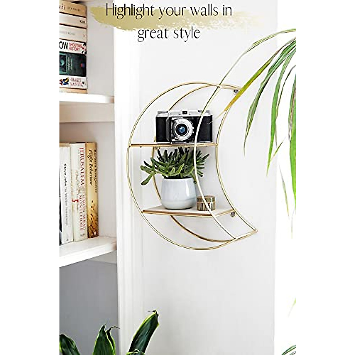 Crescent Moon Shelf for Crystals,Gold Shelf,Crystal Shelf for Wall Decor, Gold Floating Shelves, Moon Shelf Crystal Wall Decor, Moon Decor,Stones Essential Oil, Wooden Shaped Crystal Display Shelf.