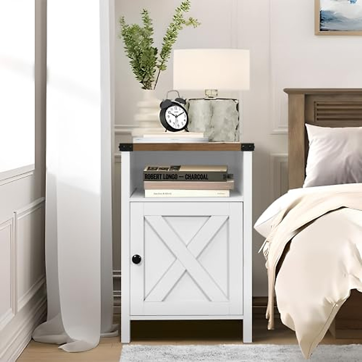 Catrimown Farmhouse End Table, Set of 2, Rustic Night Stand with Barn Door and Storage Shelf, White End Table Side Table for Bedroom Living Room, White