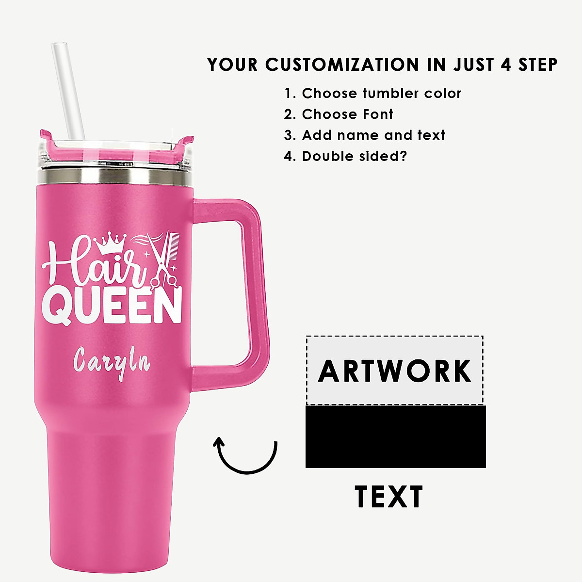 LifGif Hair Queen Personalized Tumbler 40 oz Laser Engraved, Insulated Cup with Handle, Lid and Straw, Custom Tumbler Hairdresser, Barber, Beauty Salon, Hair Stylists Stainless Steel Coffee Cup