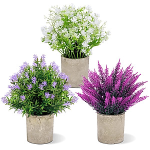 FUNARTY Fake Plants 3pcs Small Potted Plants Mini Artificial Small Flower 10” Faux Greenery Plants Indoor Lavender Pot for Garden Lawn Balcony Office Home Desk Decoration