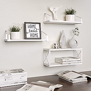 RICHER HOUSE 2-in-1 Floating Shelves Wall Mounted Set of 3, Rustic Wood Wall Shelves Over Toilet, Farmhouse Shelves for Wall Decor, with Paper Storage for Bedroom, Kitchen, Bathroom Organizer - White