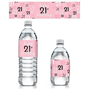 Pink, Black, and White 21st Birthday Party Water Bottle Labels - 24 Waterproof Wrappers - Chic Birthday Party Supplies