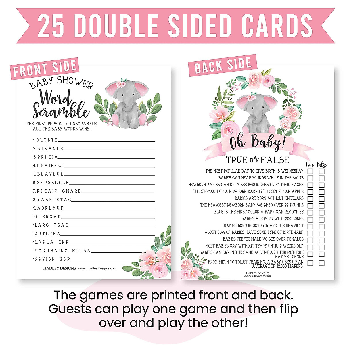 25 Elephant Word Scramble For Baby Shower, 25 True Or False Game, 25 Baby Animal Matching, 25 Nursery Rhyme Game - 4 Double Sided Cards Baby Shower Ideas, Baby Shower Party Supplies