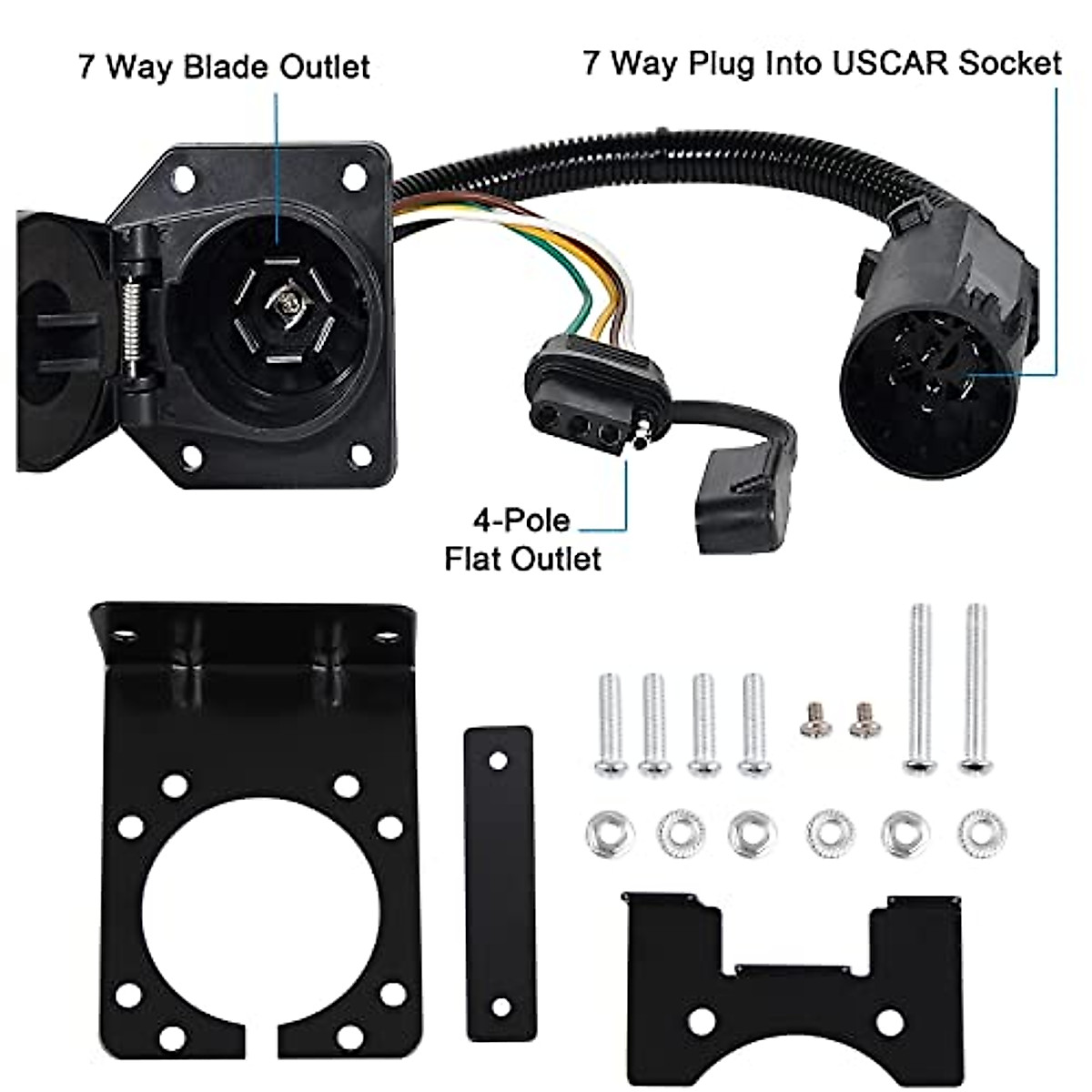 Newparts 7 Pin to 7 Way Blade and 4 Way Flat Vehicle-Side Trailer Wiring Adapter Compatible with Ford Chevy Dodge Ram GMC Sierra Grand Cherokee USCAR Socket Required Trailer Connector Wiring Harness