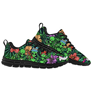 Mens Womens Alien Shoes Running Walking Tennis Sneakers Alien UFO Tropical Hibiscus Flower Shoes Gifts for Women Men,Size 9 Men/10.5 Women Black