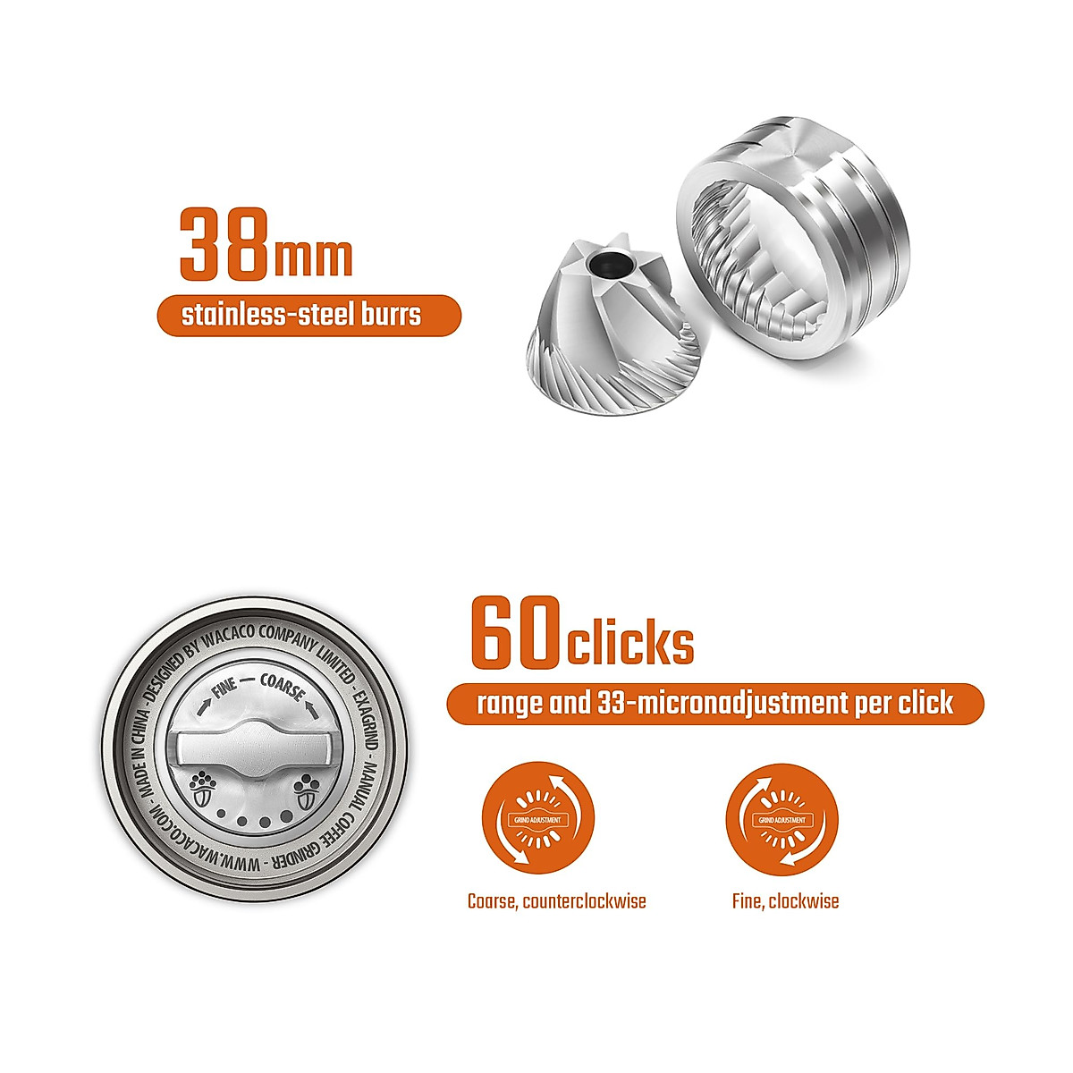 WACACO Exagrind, Manual Coffee Grinder, Stainless Steel Conical Burr, High Precision Adjustable Coffee Bean Grinder with Hand Crank, Handheld Portable Grinder for Espresso, Pour-over, Camping, Travel