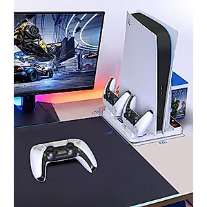 PS5 Stand and Cooling Station with Dual Controller Charging Station Compatible with PS5 Controller,Compact PS5 Accessories with Cooling Fan,Controller Charger,2 in 1 USB Cable, Media Slot, Screw