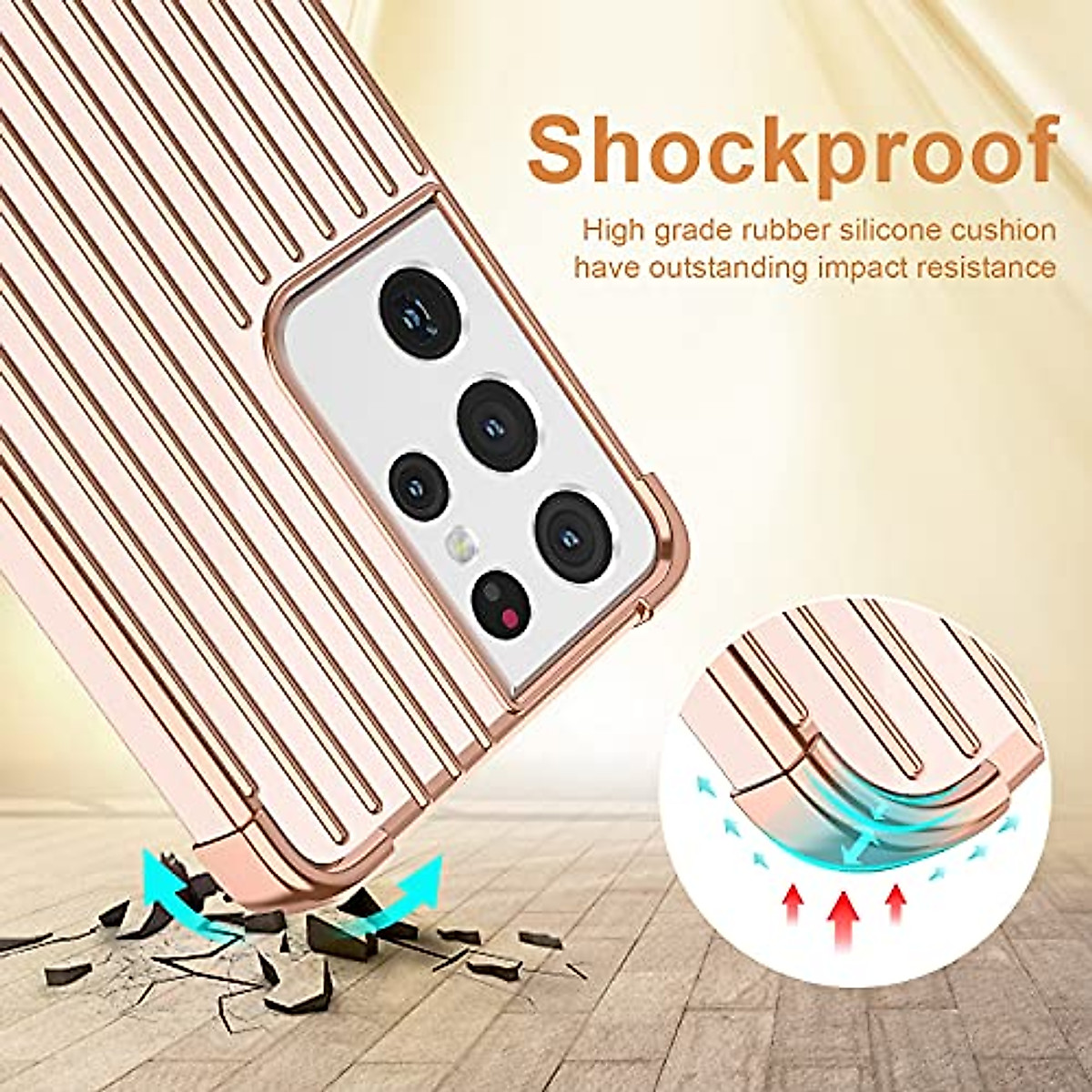 PTUONIU Kickstand Case for Samsung Galaxy S21 Ultra, [Two-Way Stand] [Reinforced Drop Protection] [Anti-Scratch] Slim Shockproof Stand Case with Camera Protector+Strap for Samsung S21 Ultra-Rose Gold