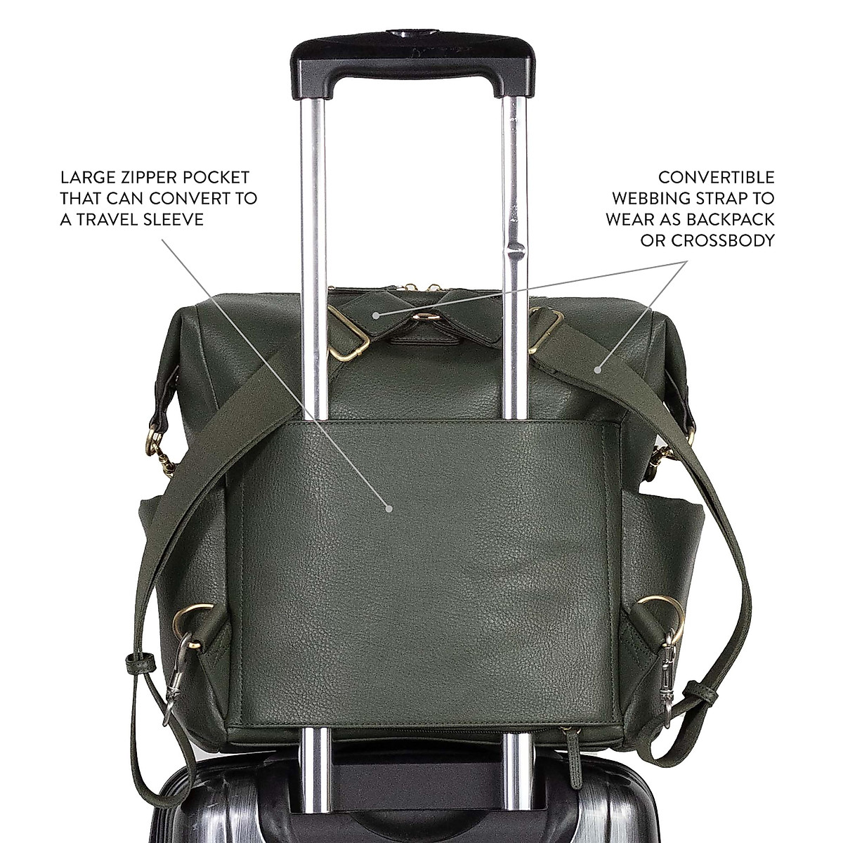 TWELVElittle Peek A Boo Convertible Hobo Diaperbag Backpack with Changing Pad, Wipes Case and Stroller Clips, Vegan Leather- Olive