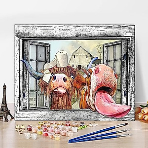 TUMOVO Paint by Numbers for Adults Beginner, Rustic Highland Cow Oil Painting for Adults Kids Paint by Number Funny Cow Paint Number Kits Paint by Numbers for Kids DIY Acrylic Painting Kits, 16"x20"