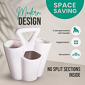 MosJos Ceramic Silverware Caddy - 4-Section Cutlery & Utensil Holder with Handle for Countertop - Farmhouse Spoon Fork Knife Organizer for Kitchen (White)