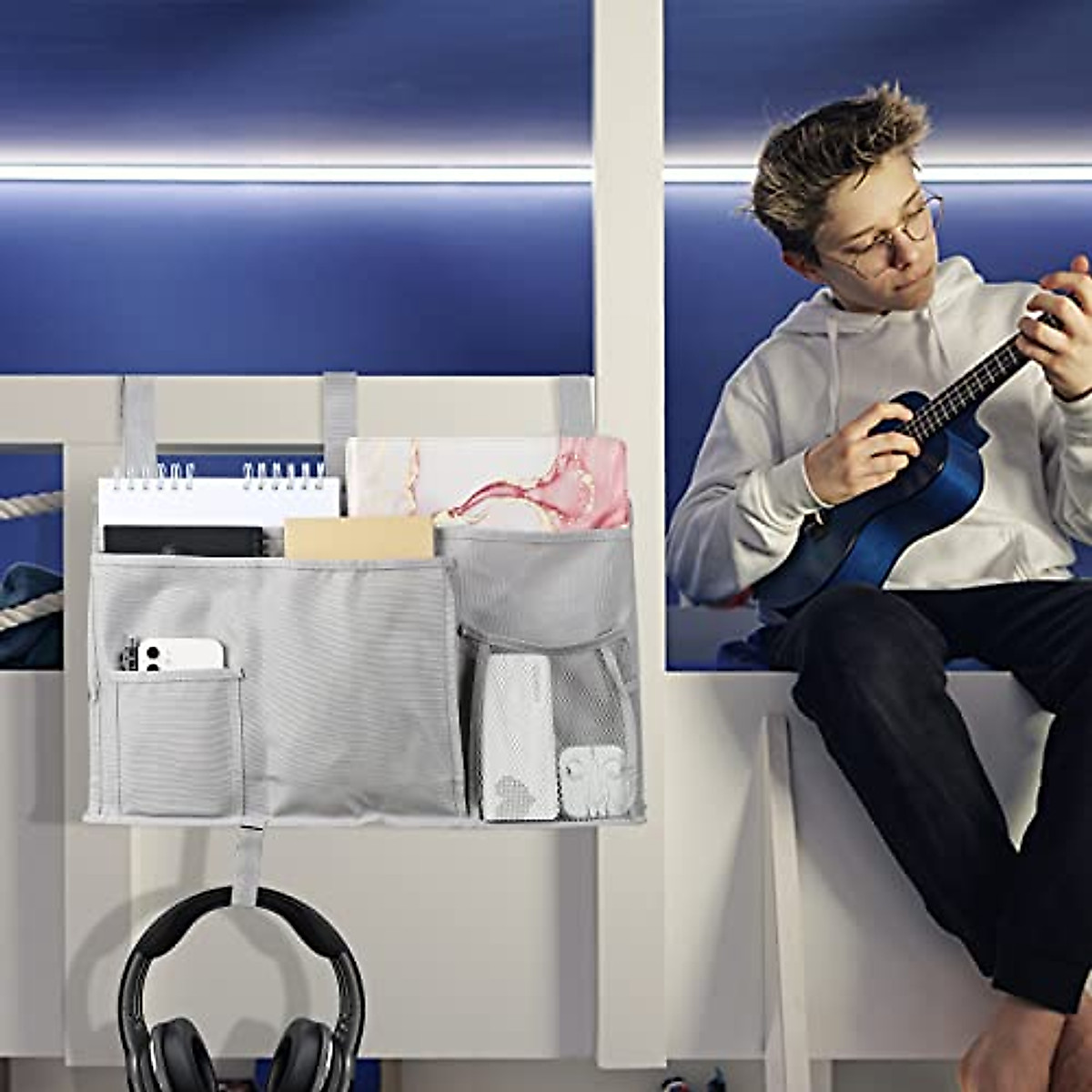 DAYARD Bedside Caddy, Bedside Hanging Storage Bag, Bunk Bed Organizer for Dorm Rooms Hospital Bed and Baby Bed Rails, Grey…