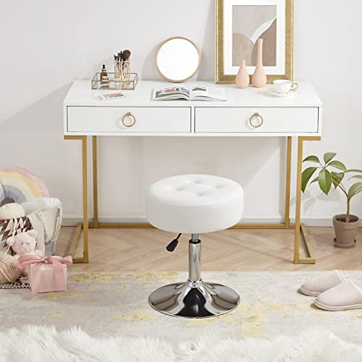 Gitrah White Vanity Chair for Makeup Room Round Ottoman Tufted PU Leather Makeup Chair Vanity Stools for Bathroom Height Adjustable 360 Swivel