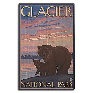 Glacier National Park, Montana, Bear and Cub Birch Wood Wall Sign (10x15 Rustic Home Decor, Ready to Hang Art)