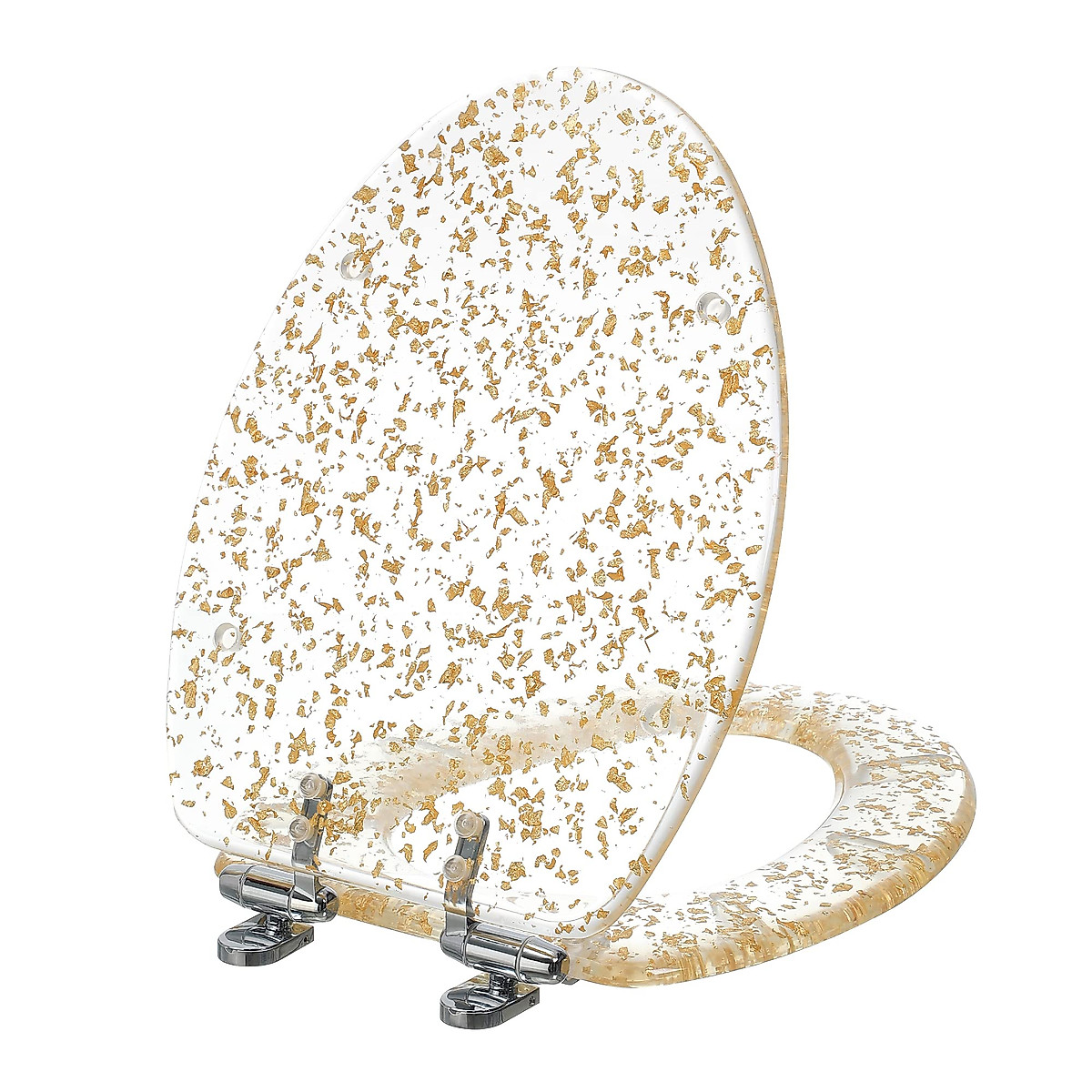 Resin Toilet Seat Elongated Soft Close Quick Release Heavy Duty Toilet Seats with Glitter Cover Acrylic Seats Gold Foil 19 Inch
