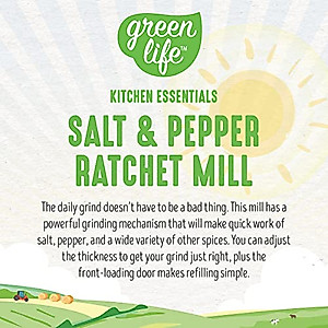 GreenLife Ratchet Mill, Salt and Pepper Grinder, Mess-Free, Adjustable Coarseness and Easily Refillable, Kitchen Tool, Seasoning, Spice Mill, Ergonomic, No-Twist Grinding, Turquoise