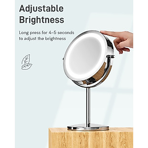 Benbilry Lighted Makeup Mirror with Lights and Magnification 10X/1X, Double Sided 360° Swivel 7" LED Dimmable Vanity Mirror with Touch Control Switch, Battery Operated Cordless Standing Shaving Mirror