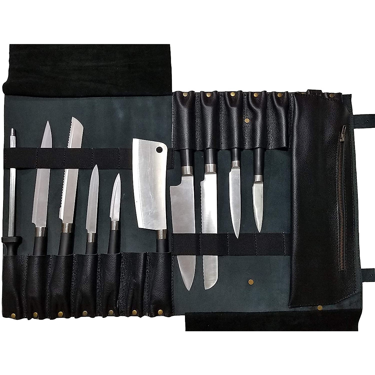 Heritage Handikrafts Genuine Lightweight Premium Leather Professional Black Chef Knife Bag/Chef Knife Roll 14 Slots Space