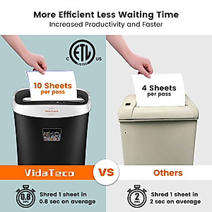 Paper Shredder,VidaTeco 10-Sheet Micro-Cut Shredder with US Patented Cutter,Also Shreds Card/Staple/Clip,Paper Shredder for Home Office,Durable&Fast with Jam Proof System,3.9-Gallon Basket (ETL)